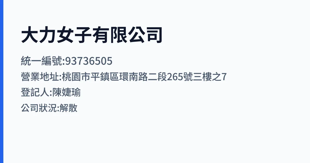 大力女子有限公司 - 統編 93736505(桃園市) 公司登記資料與營業項目詳細圖表