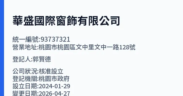 華盛國際窗飾有限公司的照片-統編 93737321(桃園市) 公司登記資料與營業項目詳細圖表
