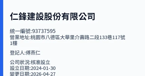 仁鋒建設股份有限公司的照片-統編 93737595(桃園市) 公司登記資料與營業項目詳細圖表