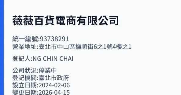 薇薇百貨電商有限公司的照片-統編 93738291(臺北市) 公司登記資料與營業項目詳細圖表