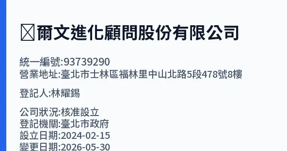 逹爾文進化顧問股份有限公司的照片-統編 93739290(臺北市) 公司登記資料與營業項目詳細圖表