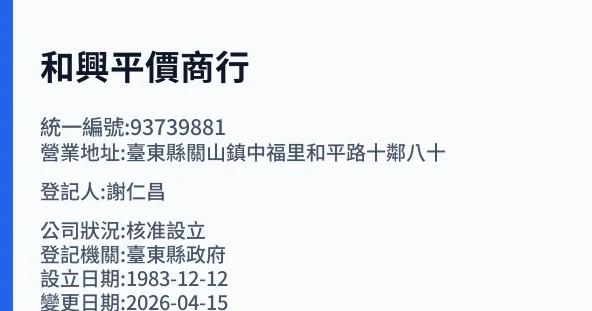 和興平價商行的照片-統編 93739881(臺東縣) 公司登記資料與營業項目詳細圖表