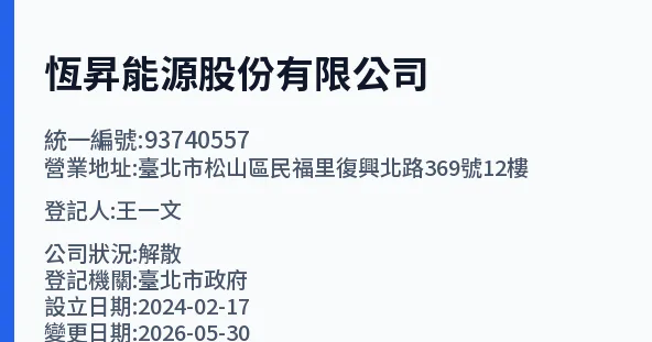 恆昇能源股份有限公司的照片-統編 93740557(臺北市) 公司登記資料與營業項目詳細圖表
