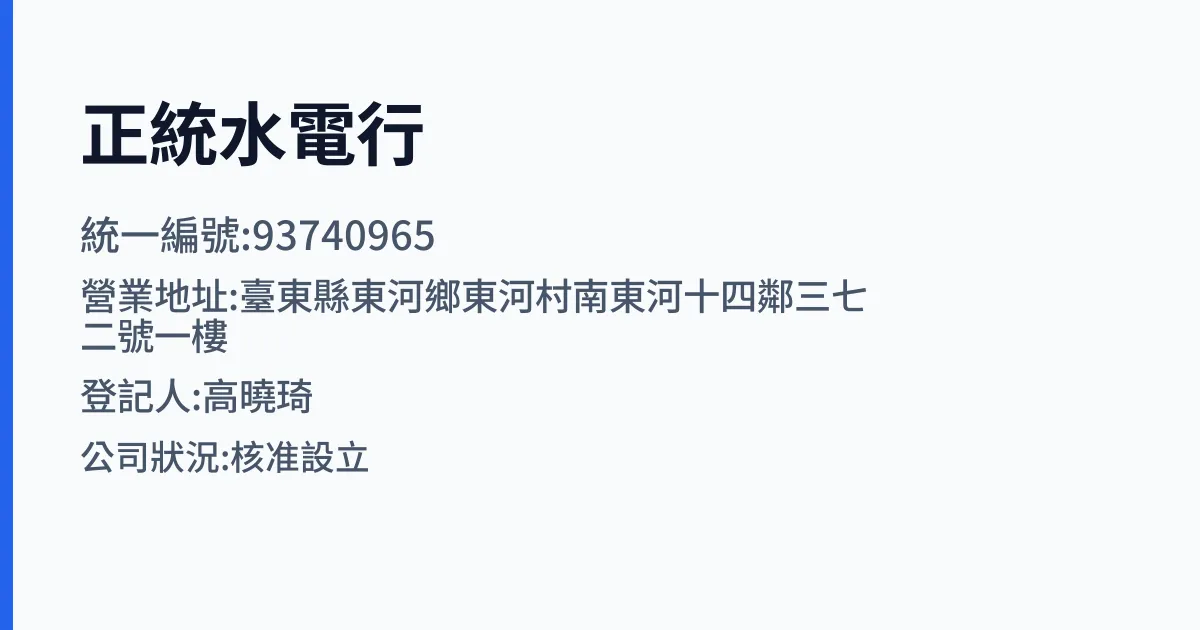 正統水電行 - 統編 93740965(臺東縣) 公司登記資料與營業項目詳細圖表