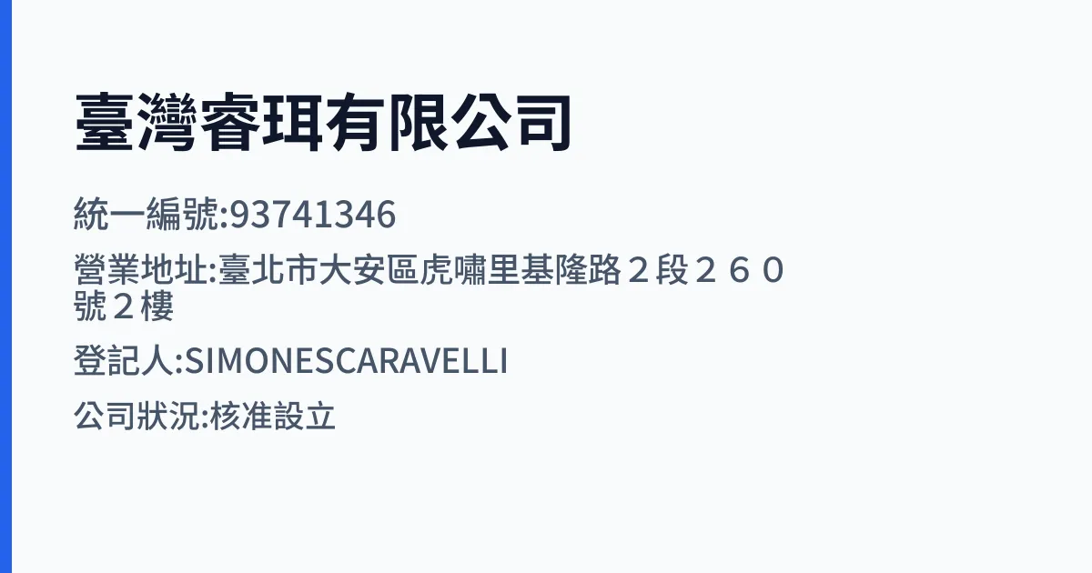臺灣睿珥有限公司 - 統編 93741346(臺北市) 公司登記資料與營業項目詳細圖表