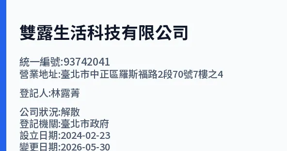 雙露生活科技有限公司的照片-統編 93742041(臺北市) 公司登記資料與營業項目詳細圖表