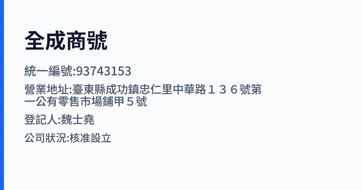 全成商號 - 統編 93743153(臺東縣) 公司登記資料與營業項目詳細圖表