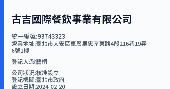 古吉國際餐飲事業有限公司的照片-統編 93743323(臺北市) 公司登記資料與營業項目詳細圖表