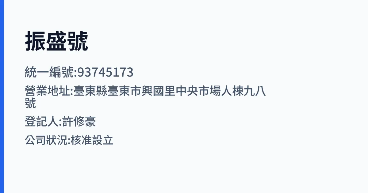 振盛號 - 統編 93745173(臺東縣) 公司登記資料與營業項目詳細圖表
