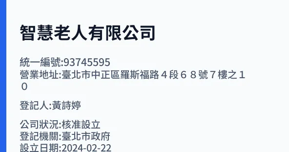 智慧老人有限公司的照片-統編 93745595(臺北市) 公司登記資料與營業項目詳細圖表