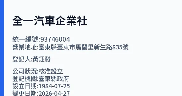 全一汽車企業社的照片-統編 93746004(臺東縣) 公司登記資料與營業項目詳細圖表