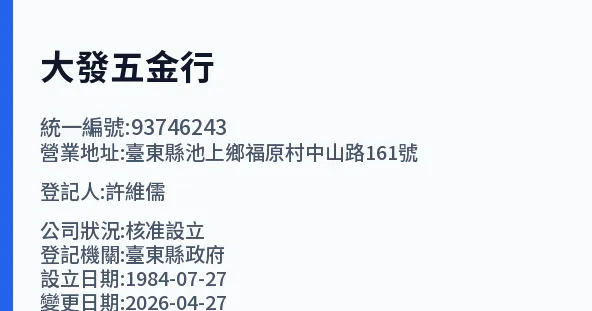 大發五金行的照片-統編 93746243(臺東縣) 公司登記資料與營業項目詳細圖表
