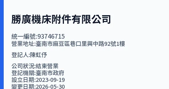 勝廣機床附件有限公司的照片-統編 93746715(臺南市) 公司登記資料與營業項目詳細圖表