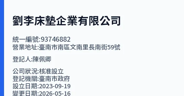劉李床墊企業有限公司的照片-統編 93746882(臺南市) 公司登記資料與營業項目詳細圖表