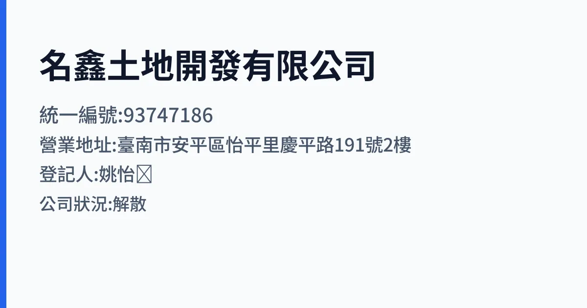 名鑫土地開發有限公司 - 統編 93747186(臺南市) 公司登記資料與營業項目詳細圖表
