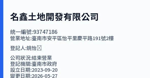 名鑫土地開發有限公司的照片-統編 93747186(臺南市) 公司登記資料與營業項目詳細圖表