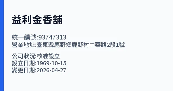 益利金香舖的照片-統編 93747313(臺東縣) 公司登記資料與營業項目詳細圖表