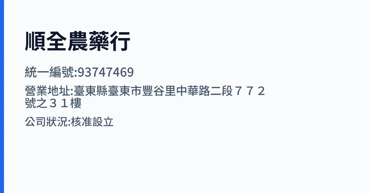 順全農藥行 - 統編 93747469(臺東縣) 公司登記資料與營業項目詳細圖表