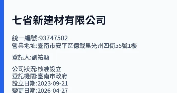 七省新建材有限公司的照片-統編 93747502(臺南市) 公司登記資料與營業項目詳細圖表