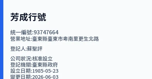 芳成行號的照片-統編 93747664(臺東縣) 公司登記資料與營業項目詳細圖表
