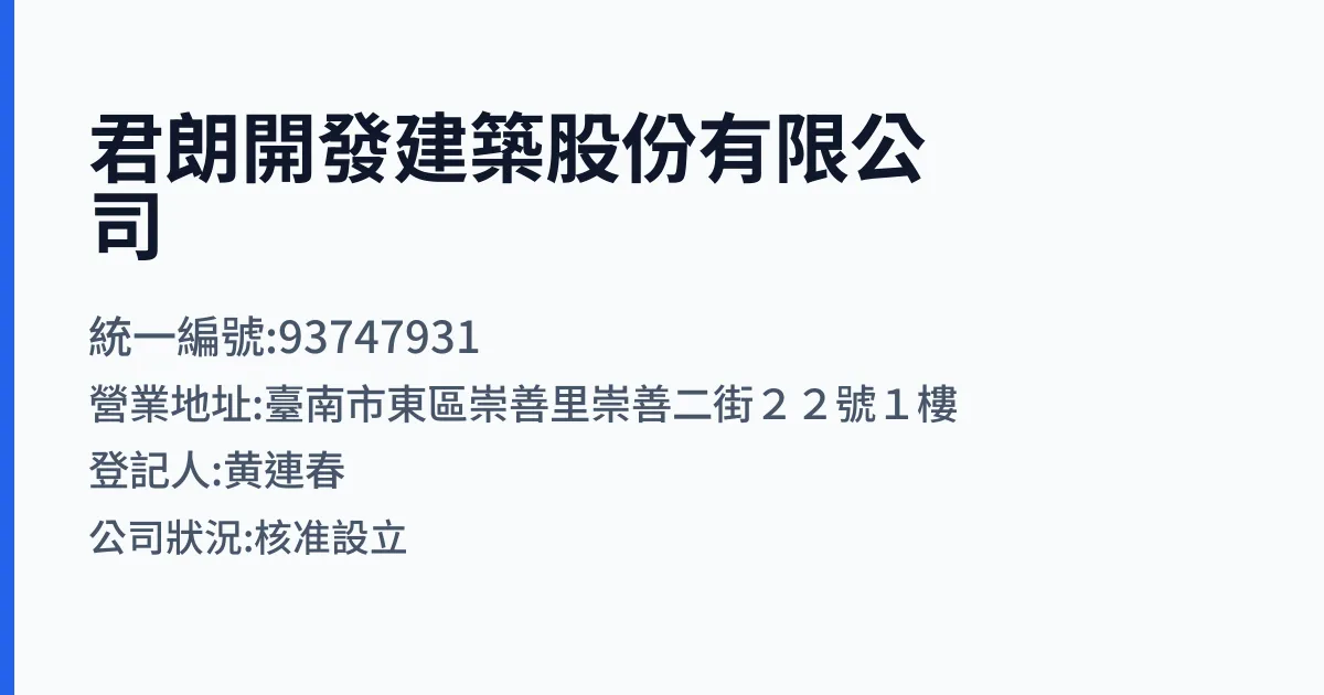 君朗開發建築股份有限公司 - 統編 93747931(臺南市) 公司登記資料與營業項目詳細圖表