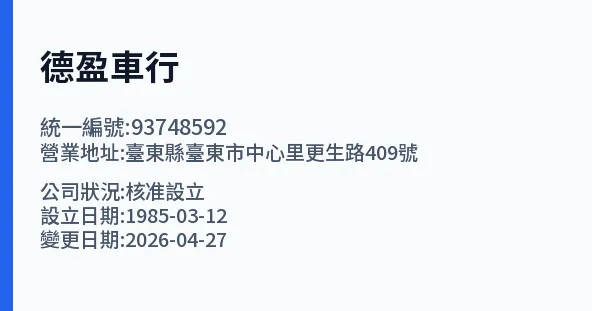 德盈車行的照片-統編 93748592(臺東縣) 公司登記資料與營業項目詳細圖表