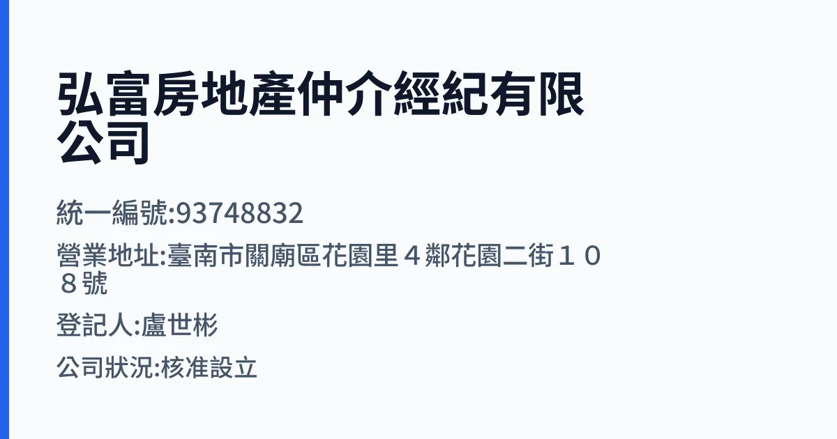 弘富房地產仲介經紀有限公司 - 統編 93748832(臺南市) 公司登記資料與營業項目詳細圖表