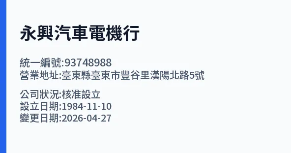 永興汽車電機行的照片-統編 93748988(臺東縣) 公司登記資料與營業項目詳細圖表