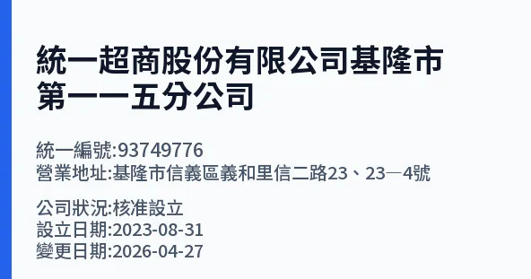 統一超商股份有限公司基隆市第一一五分公司的照片-統編 93749776(基隆市) 公司登記資料與營業項目詳細圖表