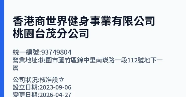 香港商世界健身事業有限公司桃園台茂分公司的照片-統編 93749804(桃園市) 公司登記資料與營業項目詳細圖表