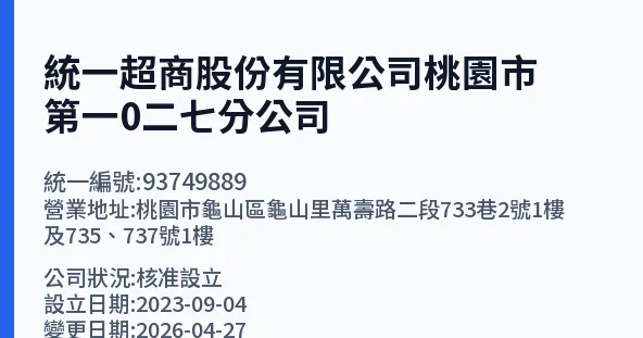 統一超商股份有限公司桃園市第一0二七分公司的照片-統編 93749889(桃園市) 公司登記資料與營業項目詳細圖表