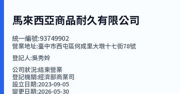 馬來西亞商品耐久有限公司的照片-統編 93749902(臺中市) 公司登記資料與營業項目詳細圖表