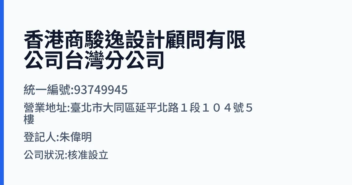 香港商駿逸設計顧問有限公司台灣分公司 - 統編 93749945(臺北市) 公司登記資料與營業項目詳細圖表