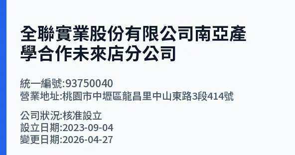 全聯實業股份有限公司南亞產學合作未來店分公司的照片-統編 93750040(桃園市) 公司登記資料與營業項目詳細圖表