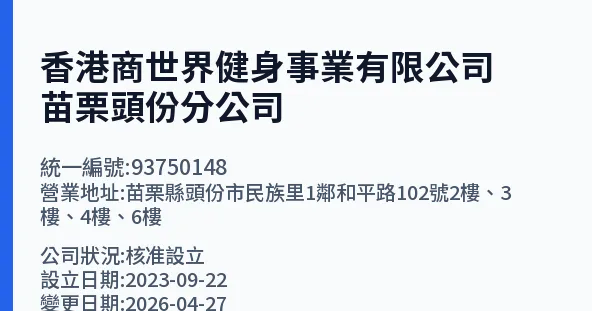 香港商世界健身事業有限公司苗栗頭份分公司的照片-統編 93750148(苗栗縣) 公司登記資料與營業項目詳細圖表