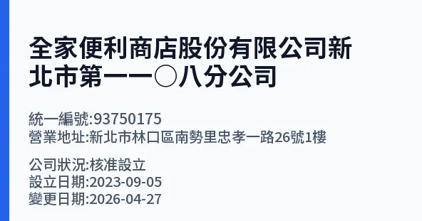 全家便利商店股份有限公司新北市第一一○八分公司的照片-統編 93750175(新北市) 公司登記資料與營業項目詳細圖表
