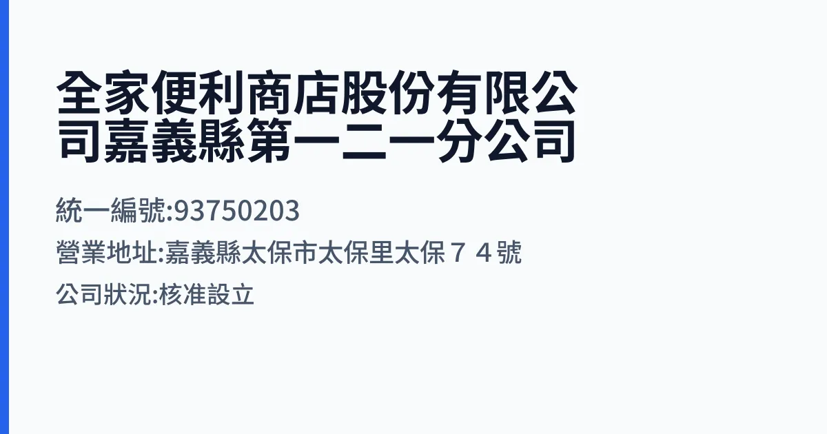 全家便利商店股份有限公司嘉義縣第一二一分公司 - 統編 93750203(嘉義縣) 公司登記資料與營業項目詳細圖表