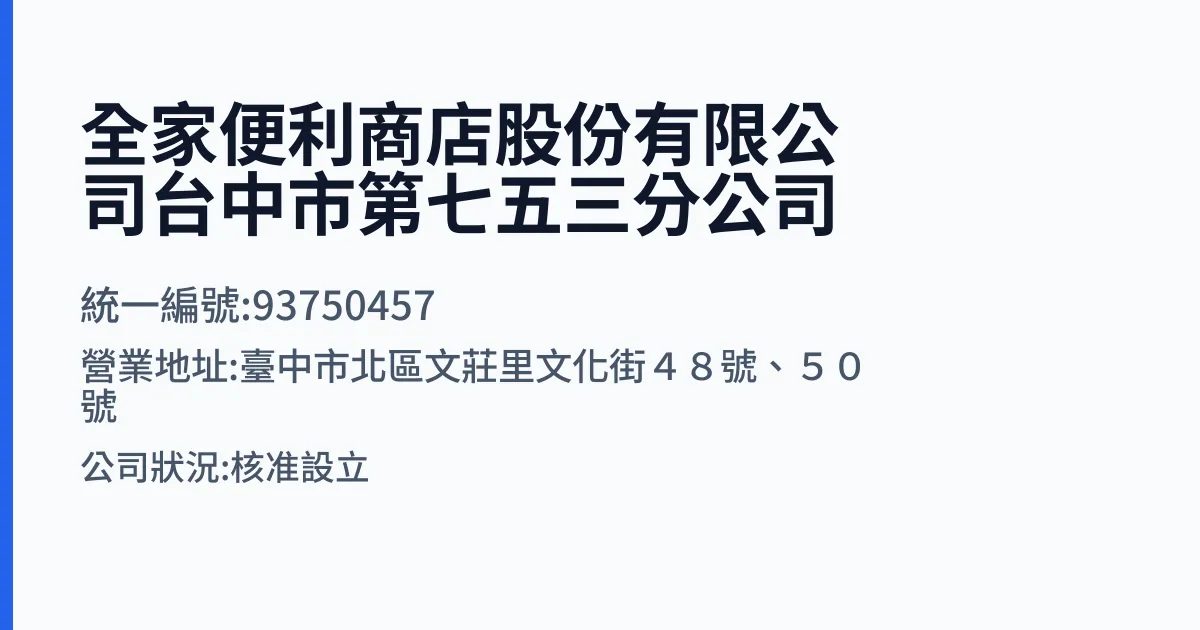 全家便利商店股份有限公司台中市第七五三分公司 - 統編 93750457(臺中市) 公司登記資料與營業項目詳細圖表