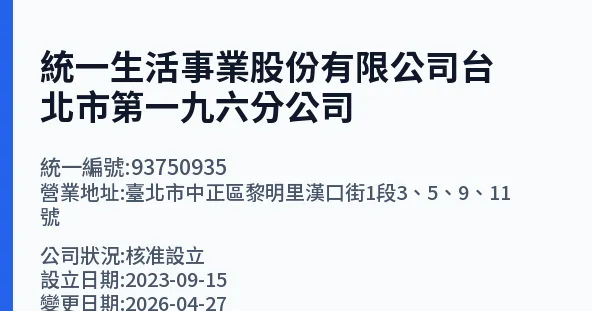 統一生活事業股份有限公司台北市第一九六分公司的照片-統編 93750935(臺北市) 公司登記資料與營業項目詳細圖表