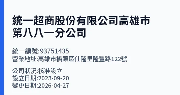 統一超商股份有限公司高雄市第八八一分公司的照片-統編 93751435(高雄市) 公司登記資料與營業項目詳細圖表