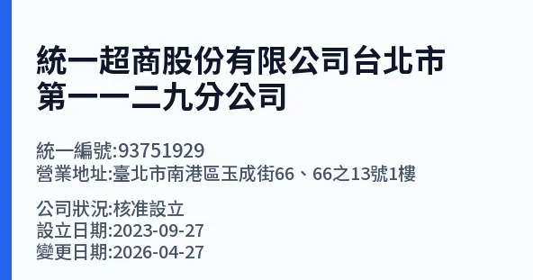 統一超商股份有限公司台北市第一一二九分公司的照片-統編 93751929(臺北市) 公司登記資料與營業項目詳細圖表