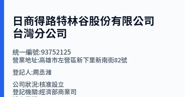 日商得路特林谷股份有限公司台灣分公司的照片-統編 93752125(高雄市) 公司登記資料與營業項目詳細圖表