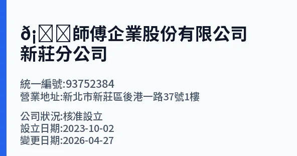 𡘙師傅企業股份有限公司新莊分公司的照片-統編 93752384(新北市) 公司登記資料與營業項目詳細圖表
