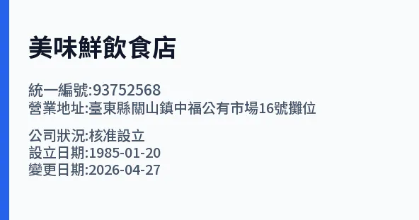 美味鮮飲食店的照片-統編 93752568(臺東縣) 公司登記資料與營業項目詳細圖表