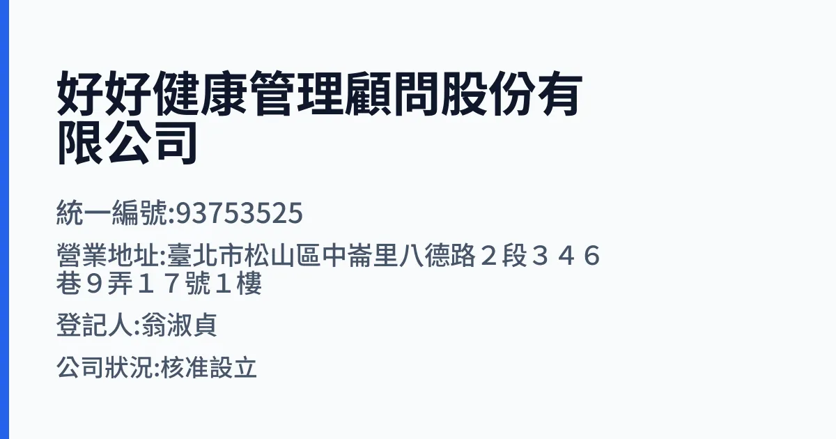 好好健康管理顧問股份有限公司 - 統編 93753525(臺北市) 公司登記資料與營業項目詳細圖表