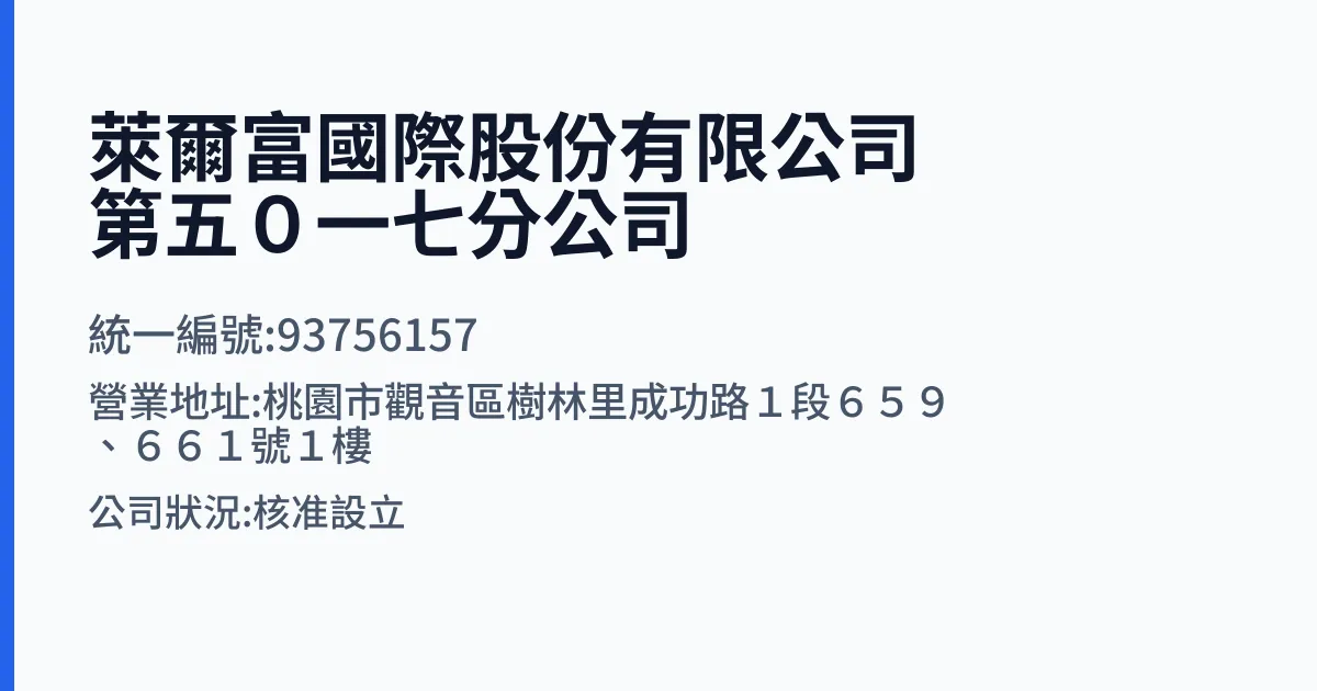萊爾富國際股份有限公司第五０一七分公司 - 統編 93756157(桃園市) 公司登記資料與營業項目詳細圖表