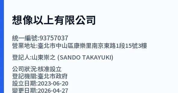 想像以上有限公司的照片-統編 93757037(臺北市) 公司登記資料與營業項目詳細圖表