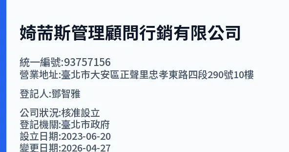 婍荋斯管理顧問行銷有限公司的照片-統編 93757156(臺北市) 公司登記資料與營業項目詳細圖表