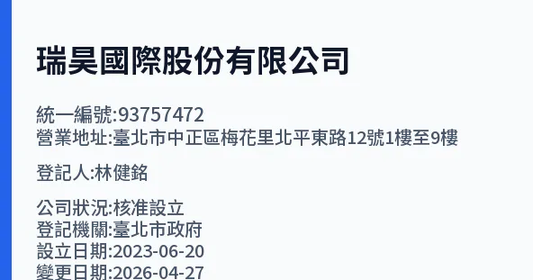 瑞昊國際股份有限公司的照片-統編 93757472(臺北市) 公司登記資料與營業項目詳細圖表