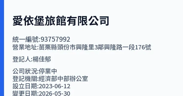 愛依堡旅館有限公司的照片-統編 93757992(苗栗縣) 公司登記資料與營業項目詳細圖表